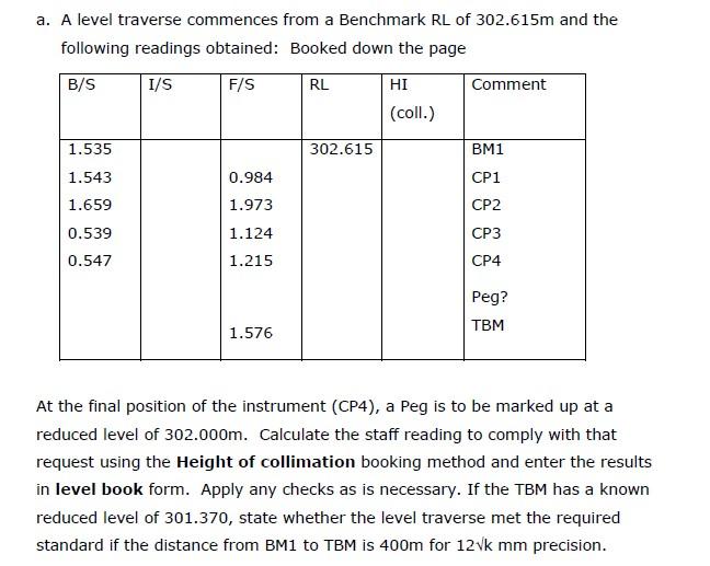 Solved a. A level traverse commences from a Benchmark RL of | Chegg.com