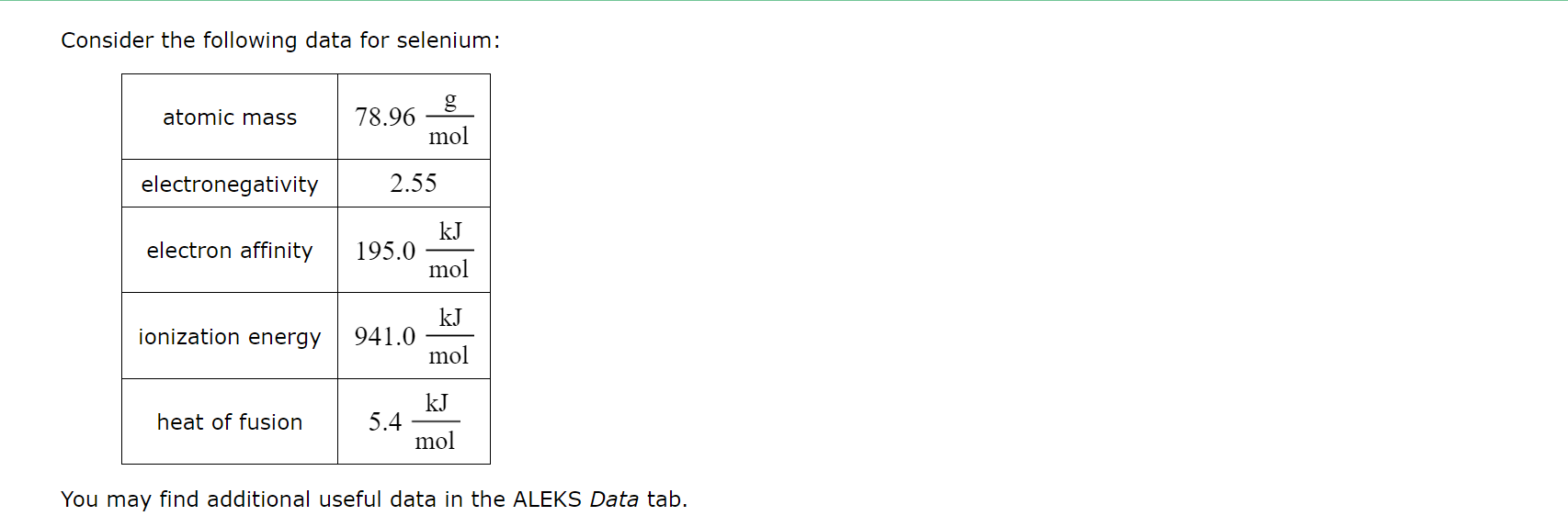 Solved Consider the following data for selenium: You may | Chegg.com