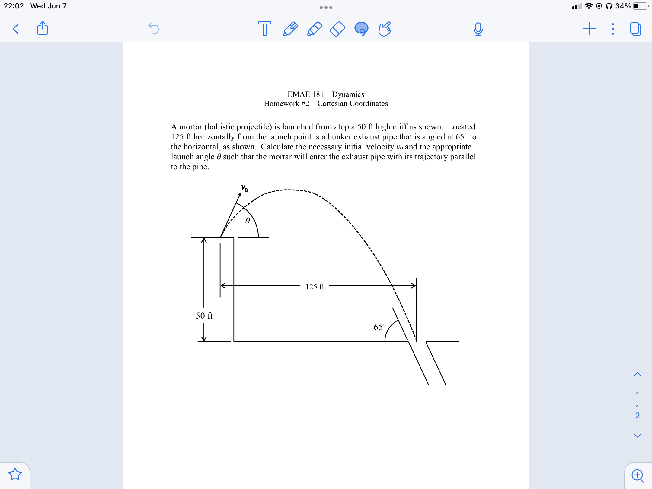 Solved A mortar (ballistic projectile) is launched from atop | Chegg.com