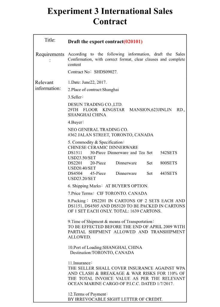 Solved Experiment 3 International Sales Contract | Chegg.com