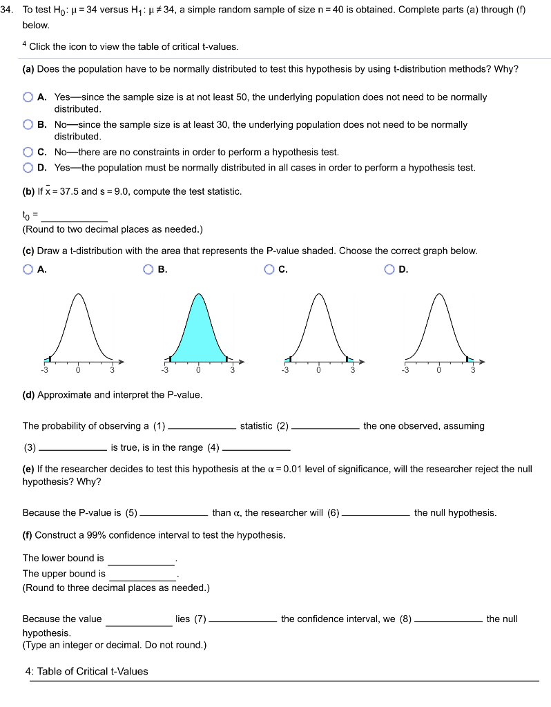 Solved 34. To test Ho: u = 34 versus Hy: u#34, a simple | Chegg.com