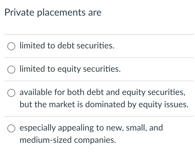 Solved Private placements are limited to debt securities. | Chegg.com