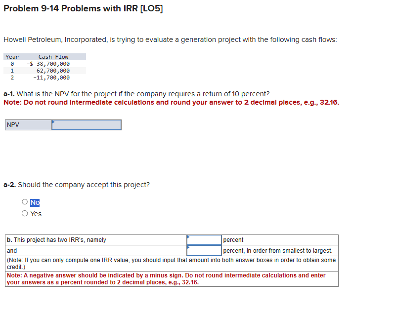 Solved Problem 9-14 ﻿Problems with IRR [LO5]Howell | Chegg.com