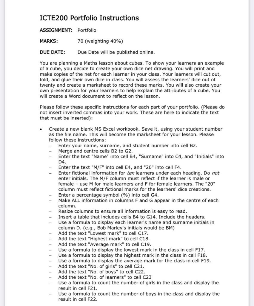 ICTE200 Portfolio Instructions ASSIGNMENT: Portfolio | Chegg.com
