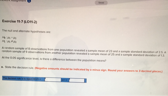 Solved Saved meork Assgiment Exercise 11-7 (LO11-2) The null | Chegg.com