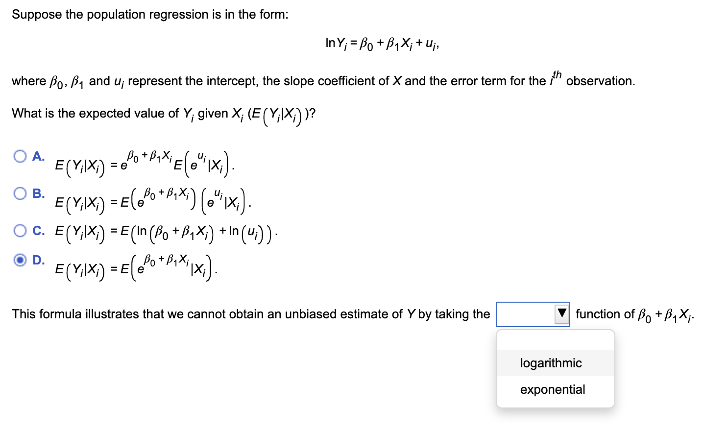 Solved Suppose the population regression is in the form: In | Chegg.com