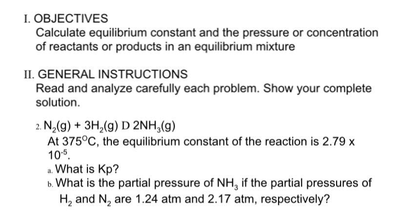 Solved I. OBJECTIVES Calculate equilibrium constant and the | Chegg.com