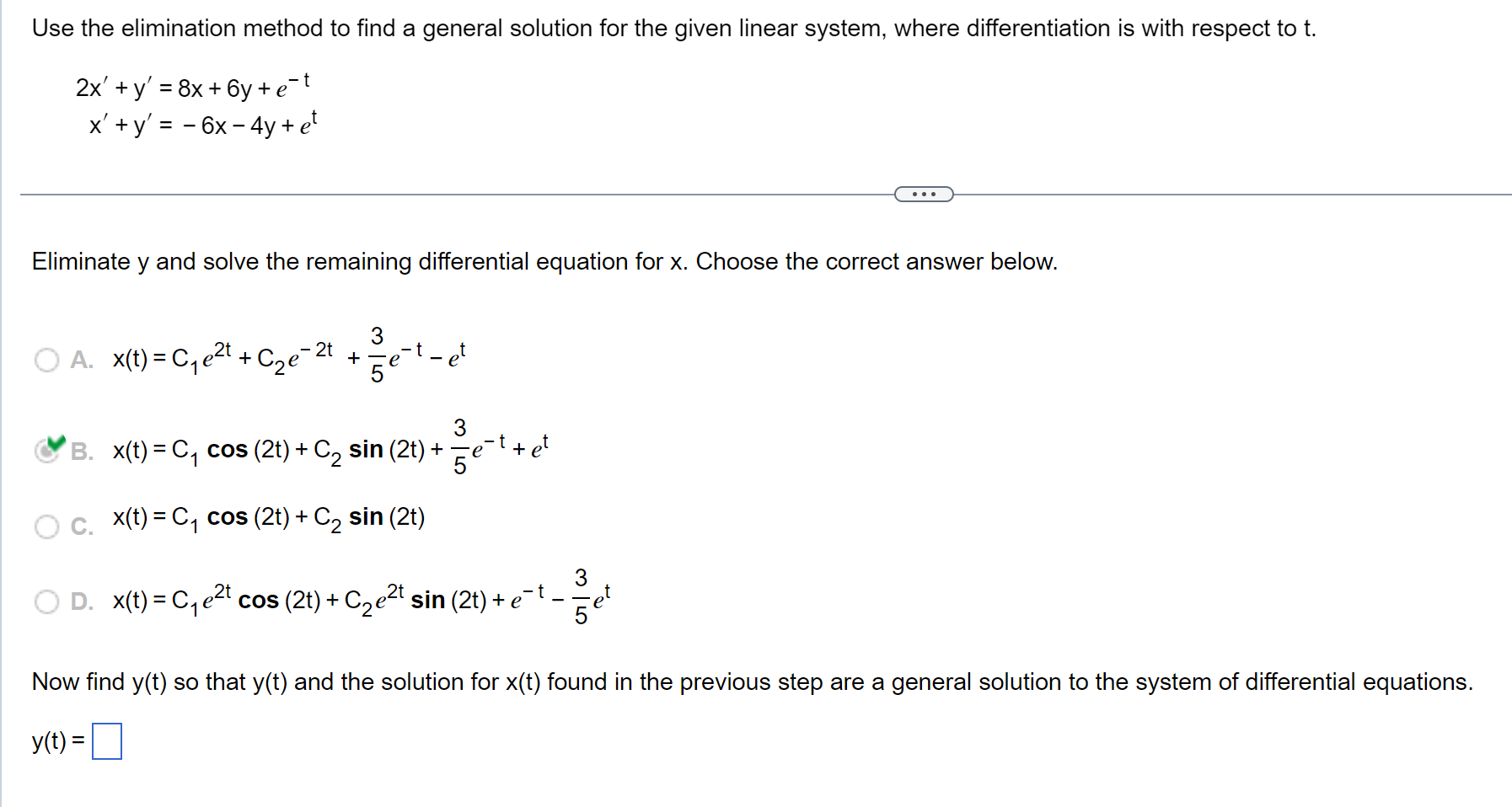 Solved Use the elimination method to find a general solution | Chegg.com