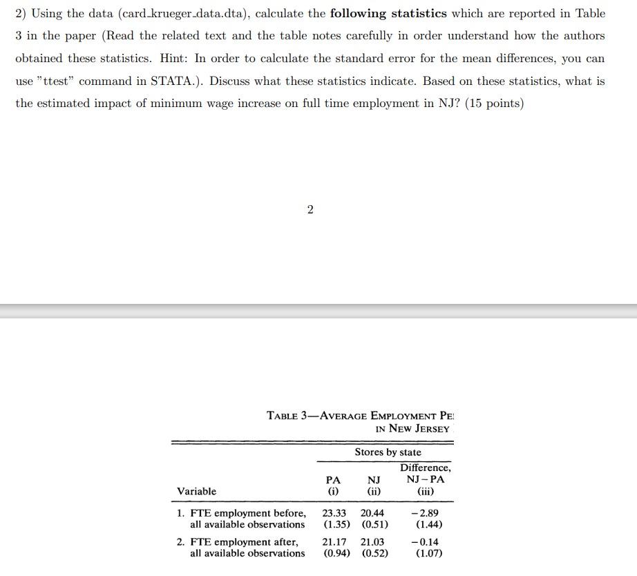 2) Using the data (card_krueger_data.dta), calculate | Chegg.com