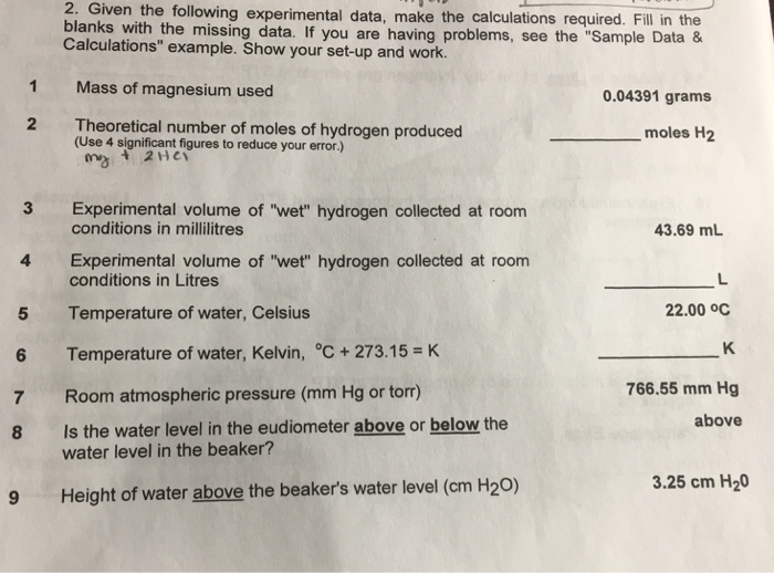 Solved 2. Given the following experimental data, make the | Chegg.com