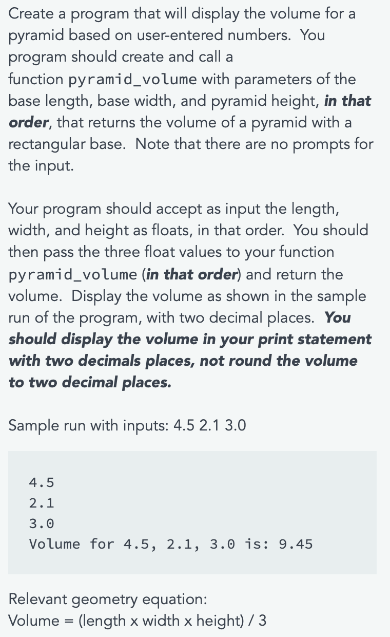Solved Create a program that will display the volume for a | Chegg.com