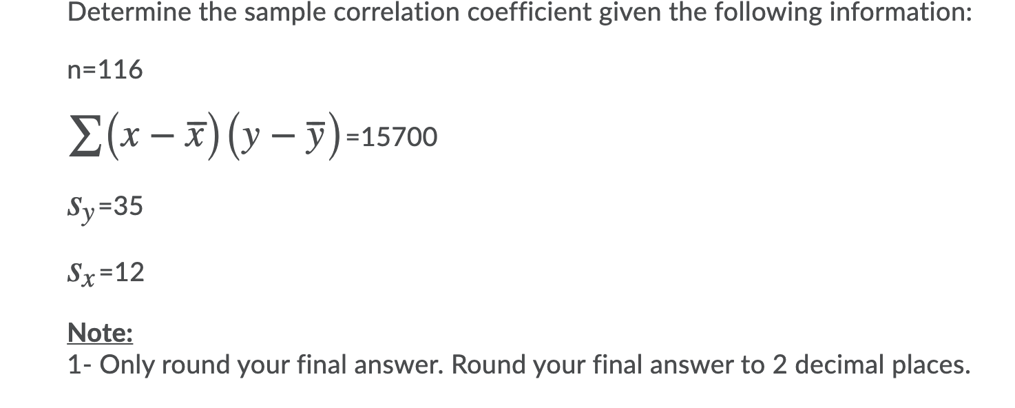 Solved Determine the sample correlation coefficient given | Chegg.com