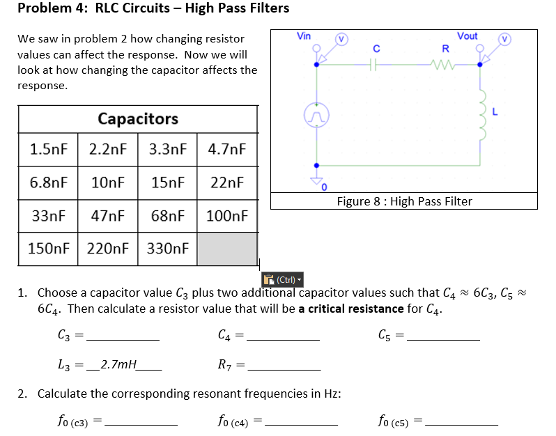 Solved Problem 4: RLC Circuits - High Pass Filters Vin V | Chegg.com