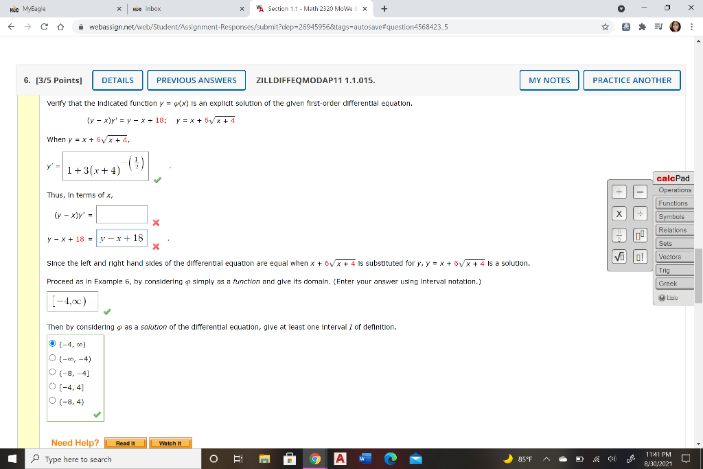 Solved Hoc MyEagle Huc Inbox X x X A Section 1.1 - Math 2320 | Chegg.com