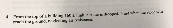 Solved 4. From the top of a building 160ft. high, a stone is | Chegg.com