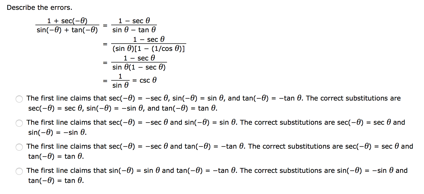 Solved Describe the errors. 1 + sec(-0) sin(-0) + tan(-0) | Chegg.com