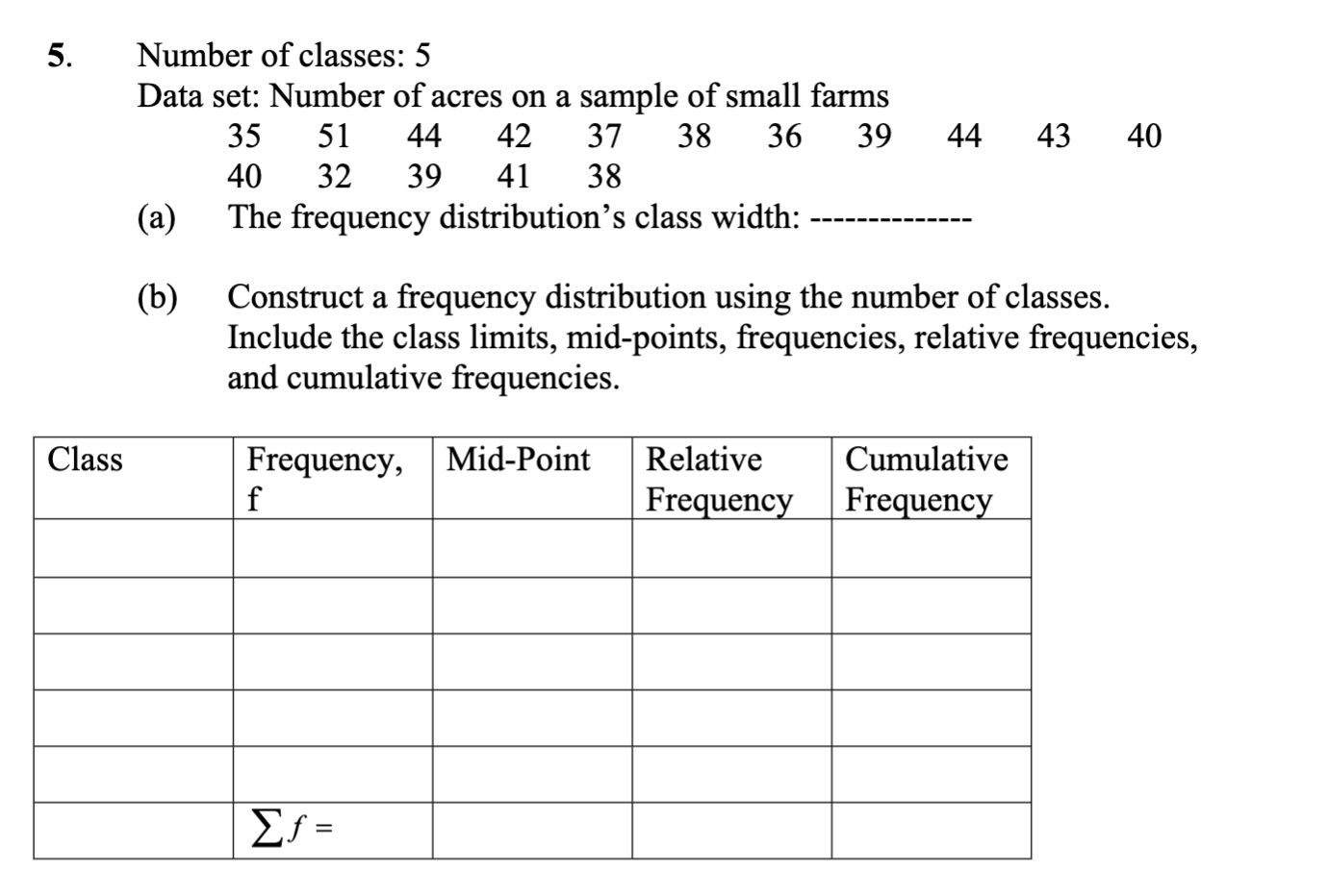 Solved 5 Number Of Classes 5 Data Set Number Of Acres On 5736