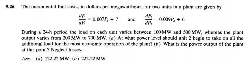 Solved 9.26 The incremental fuel costs, in dollars per | Chegg.com