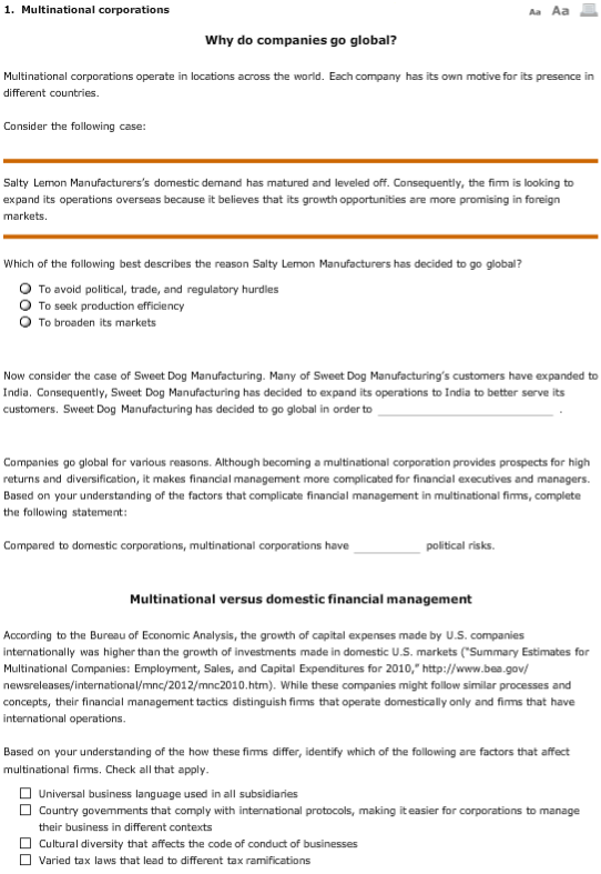 Solved 1. Multinational corporations Aa Aa Why do companies | Chegg.com