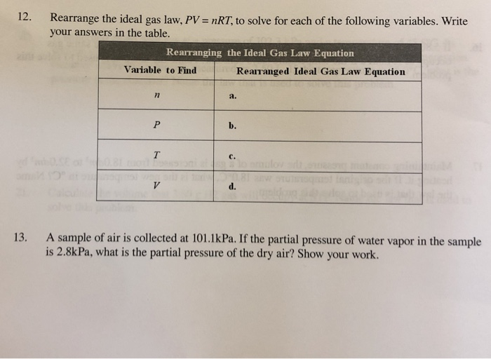 Solved 12. Rearrange the ideal gas law, PV = nRT, too soft | Chegg.com
