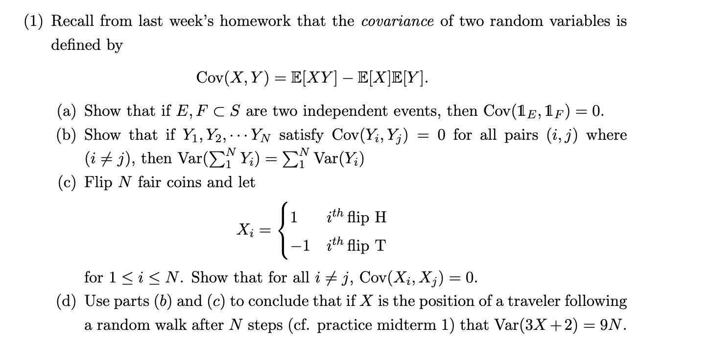 Solved Recall from last week's homework that the covariance | Chegg.com