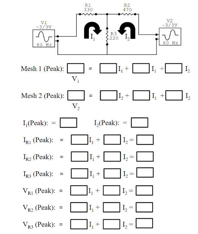 Solved Mesh 1 (Peak): =I1+I1+I2 V1 Mesh 2 (Peak): I2+I1+I2 | Chegg.com