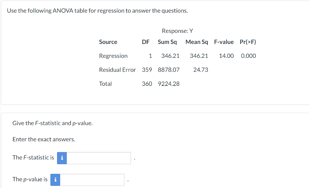 Solved Use the following ANOVA table for regression to | Chegg.com