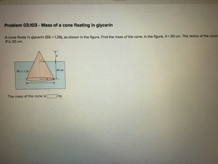 Solved Problem 03.103-Mass of a cone floating in glycerin A | Chegg.com