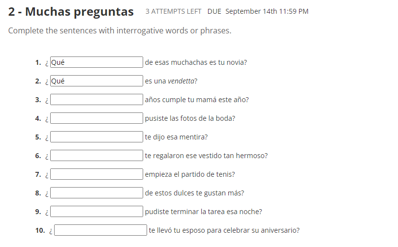 Solved 2 - Muchas preguntas 3 ATTEMPTS LEFT DUE September | Chegg.com Solved 2 - Muchas preguntas 3 ATTEMPTS LEFT DUE September | Chegg.com