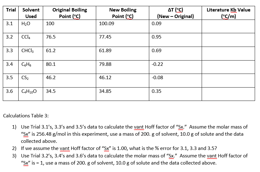 Calculations Table 3: 1) Use Trial 3.1's, 3.3's and | Chegg.com