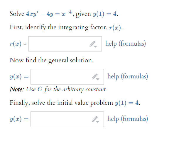 Solved Solve 4xy' – 4y= 4, given y(1) = 4. First, identify | Chegg.com