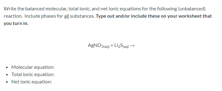 Solved Write the balanced molecular, total ionic, and net | Chegg.com