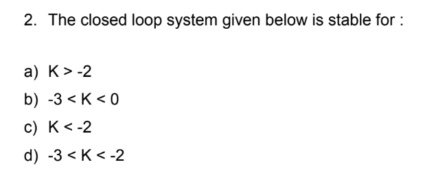 Solved 2. The closed loop system given below is stable for : | Chegg.com