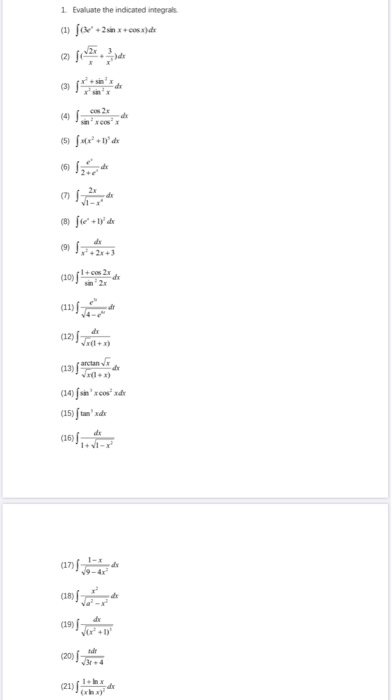 Solved 1 Evaluate the indicated integrals (1) [(x + 2 sản x+ | Chegg.com
