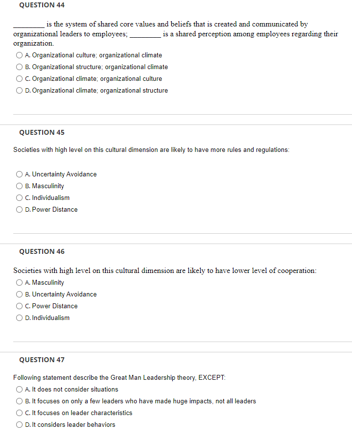 Solved QUESTION 44 is the system of shared core values and | Chegg.com