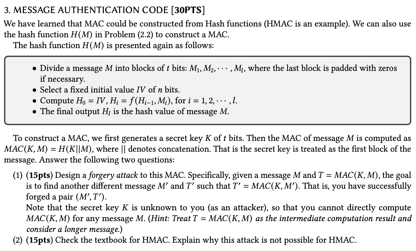 3. MESSAGE AUTHENTICATION CODE (30PTS] We have | Chegg.com