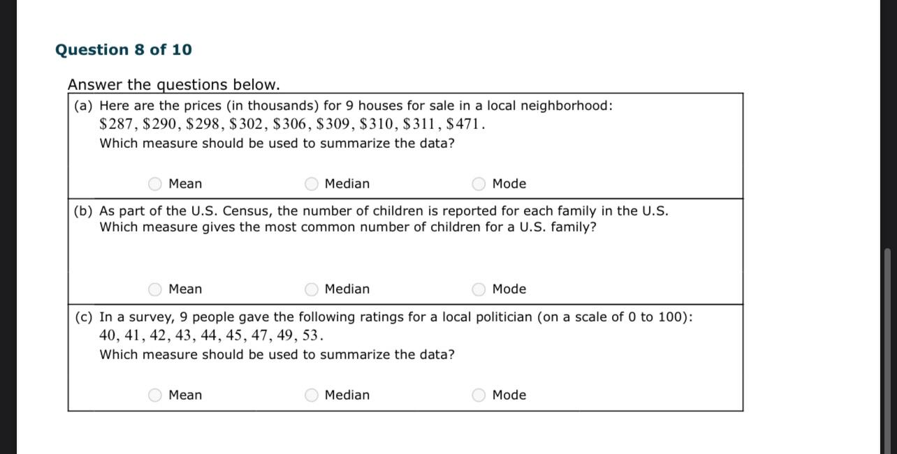 Solved \begin{tabular}{|c} Mean Median Mode \\ \hline (b) | Chegg.com