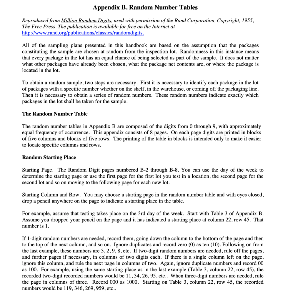 Appendix B. Random Number Tables Reproduced from | Chegg.com
