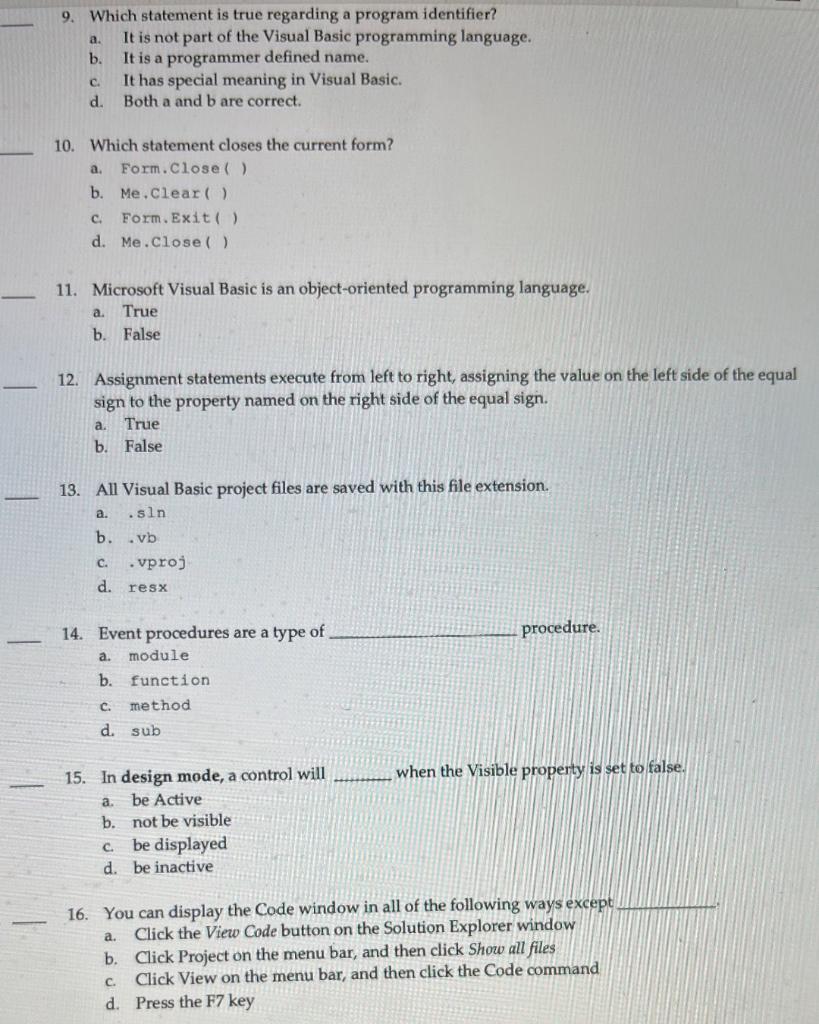 Solved 1 An Object In Visual Basic A Is The Data A Program