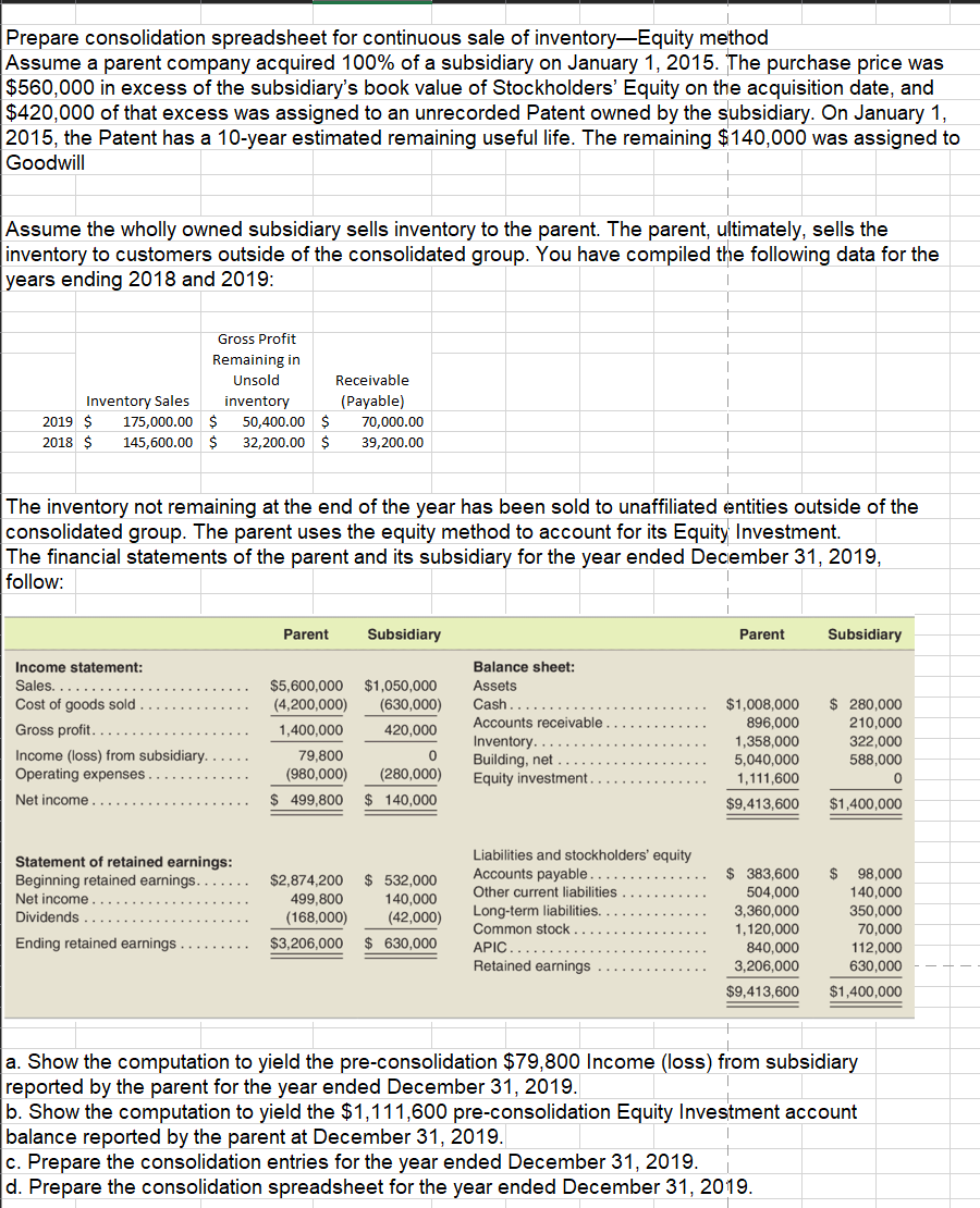 Prepare consolidation spreadsheet for continuous sale | Chegg.com