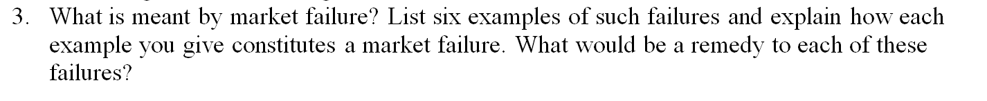 Solved 3. What is meant by market failure? List six examples | Chegg.com