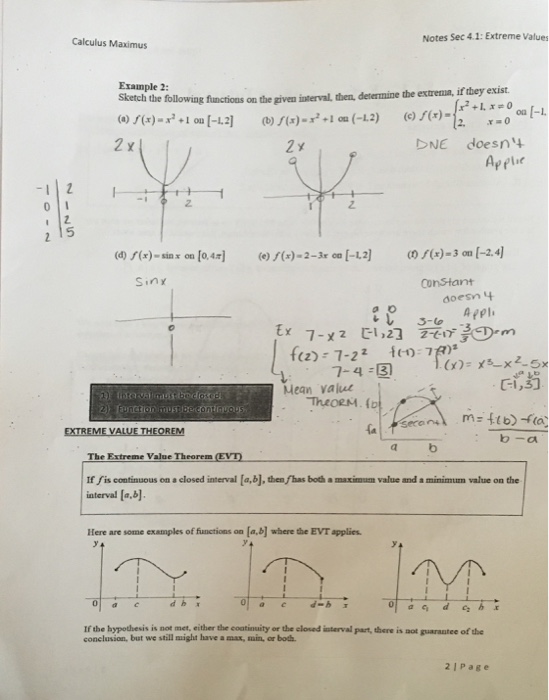 Solved Notes Sec Extreme Values Calculus Maximus Example 2: | Chegg.com