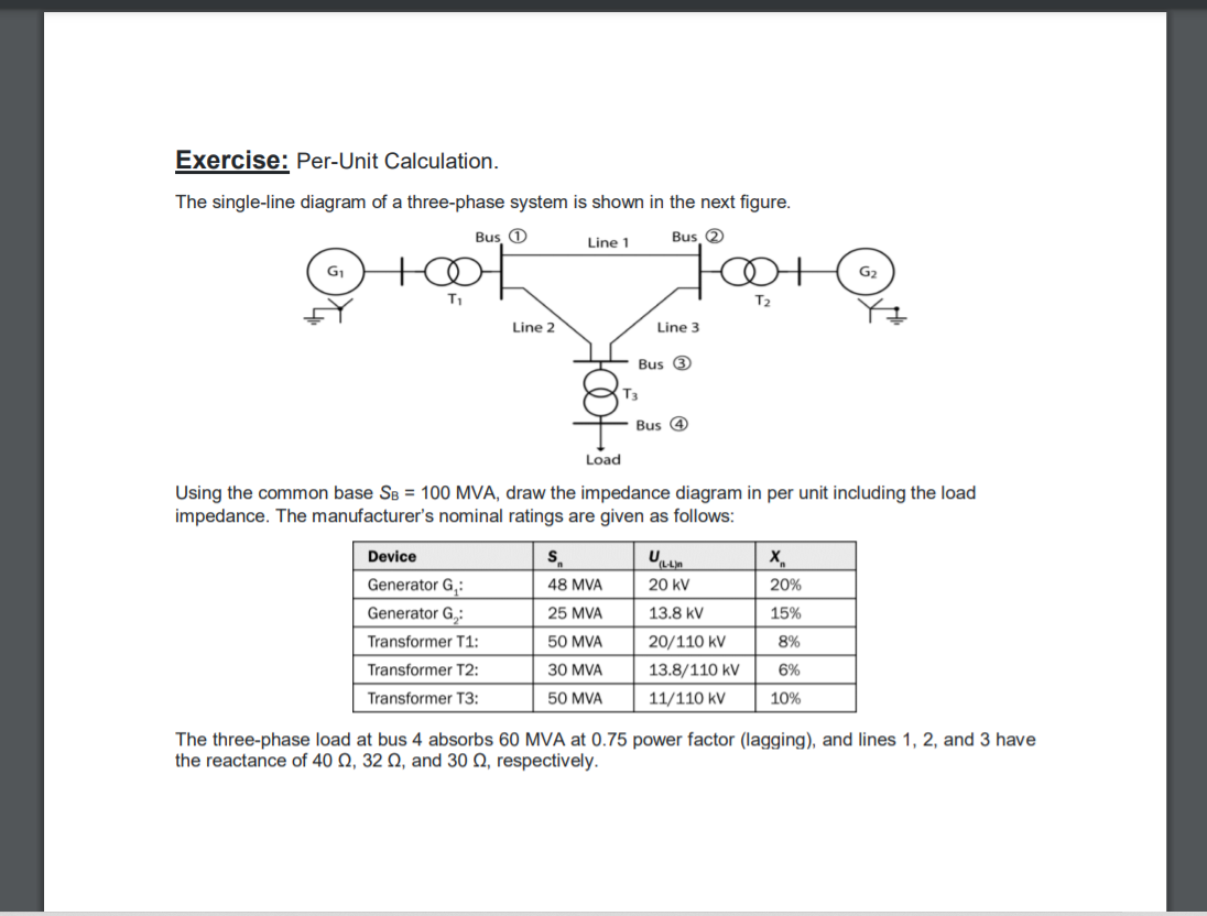 Solved Exercise: Per-Unit Calculation. The single-line | Chegg.com
