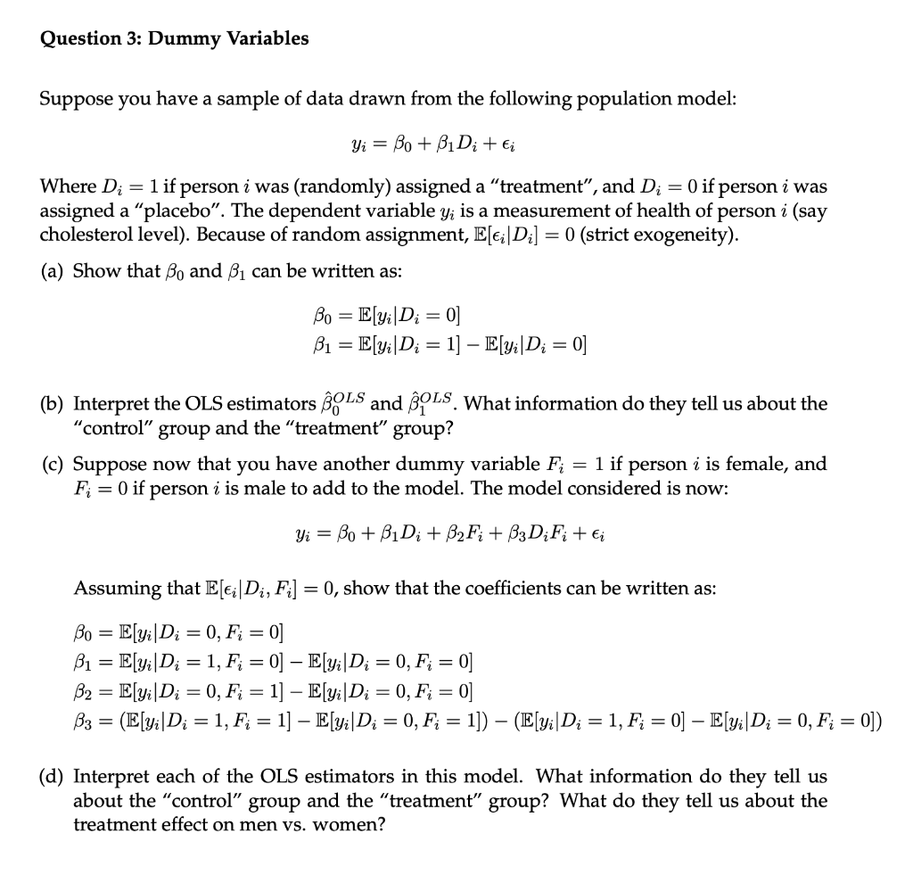 Question 3: Dummy Variables Suppose you have a sample | Chegg.com