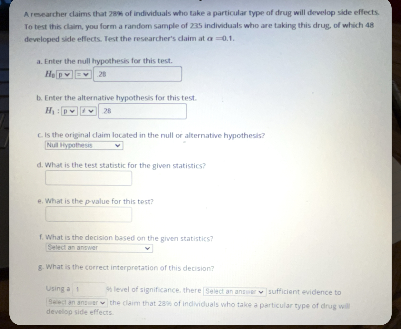 Solved A researcher claims that 28% of individuals who take | Chegg.com