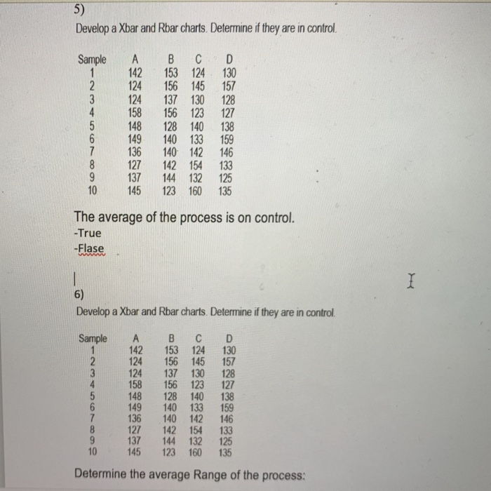 Solved Develop a Xbar and Rbar charts. Determine if they are | Chegg.com