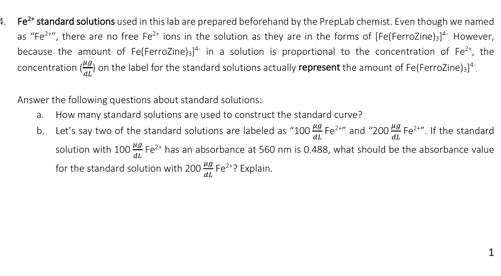 Solved Fe2+ standard solutions used in this lab are prepared | Chegg.com