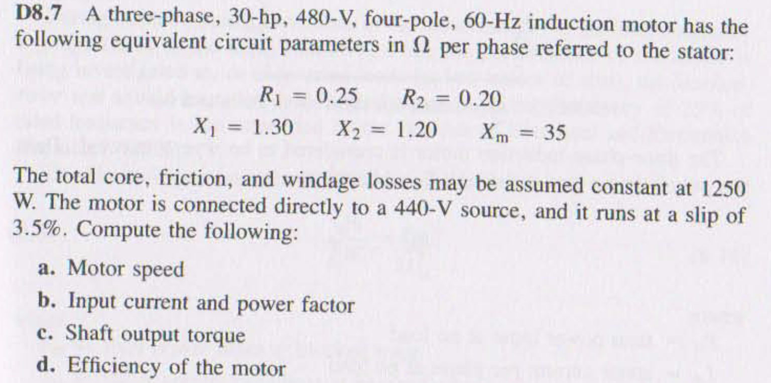 Solved D8.7 A three-phase, 30-hp, 480-V, four-pole, 60−Hz | Chegg.com
