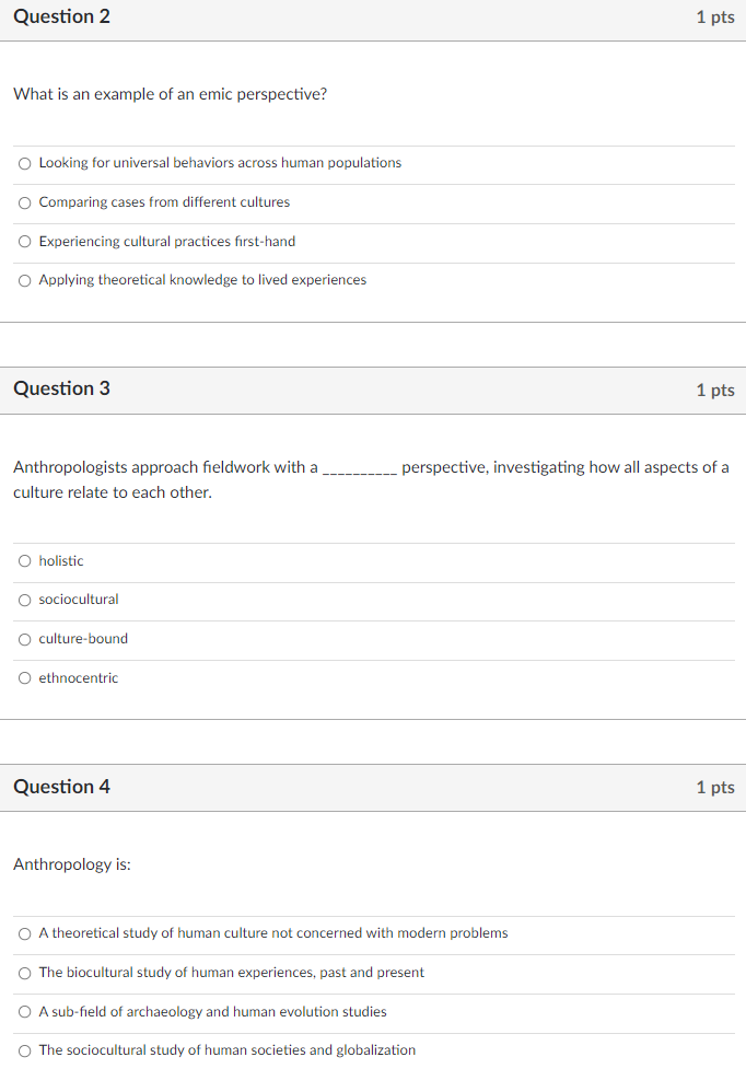 Solved Question 2 1 pts What is an example of an emic | Chegg.com