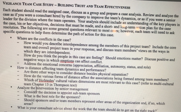 VIGILANCE TEAM CASE STUDY-BUILDING TRUST AND TEAM | Chegg.com